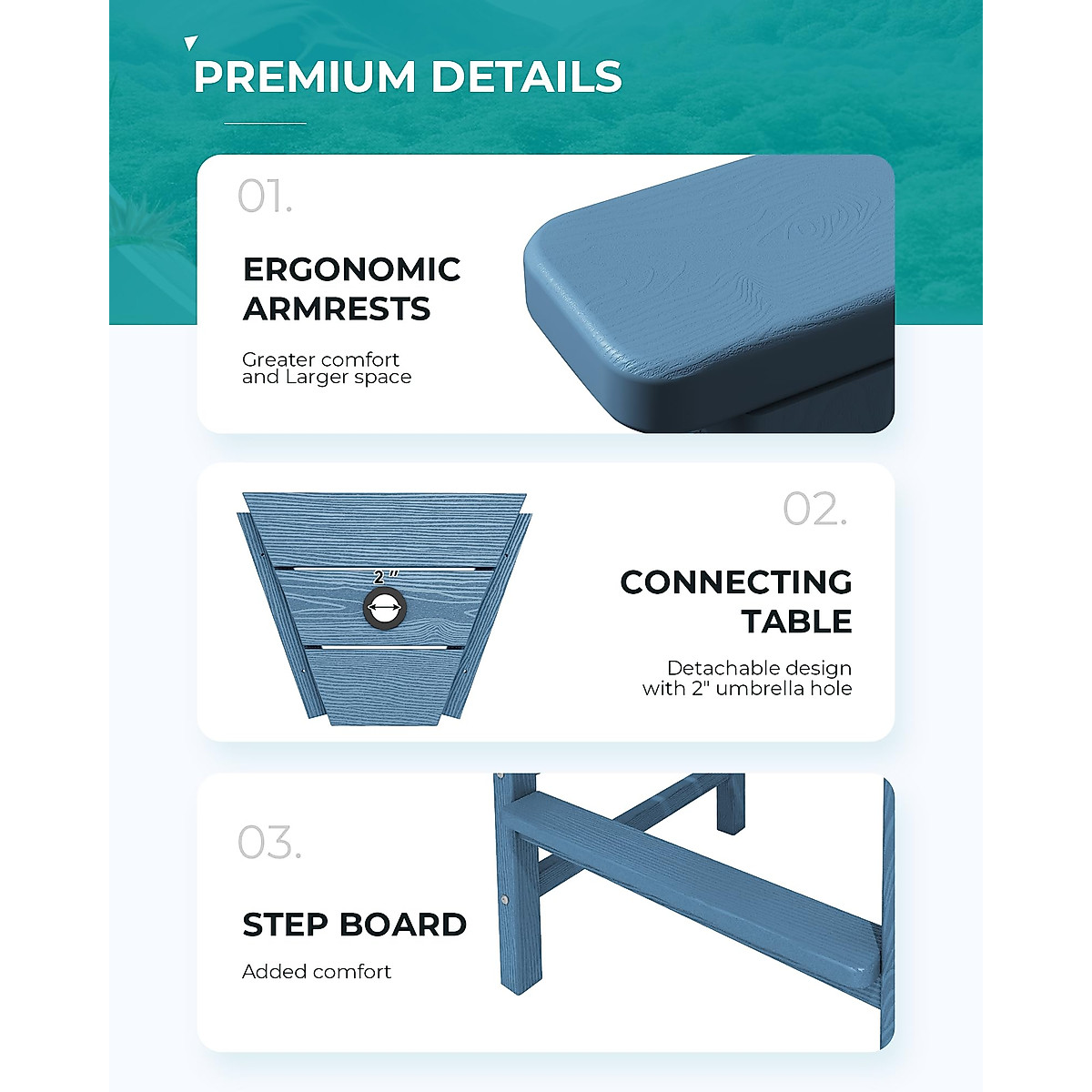 SERWALL Tall Adirondack Chairs Set of 2 with Connecting Table, Blue