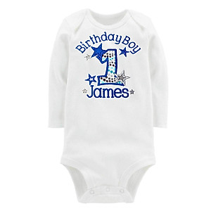 Fantasy Kids Designs First Birthday Boy Outfit Bodysuit Personalized with Custom Name (12 Months Short Sleeve, Royal Blue)