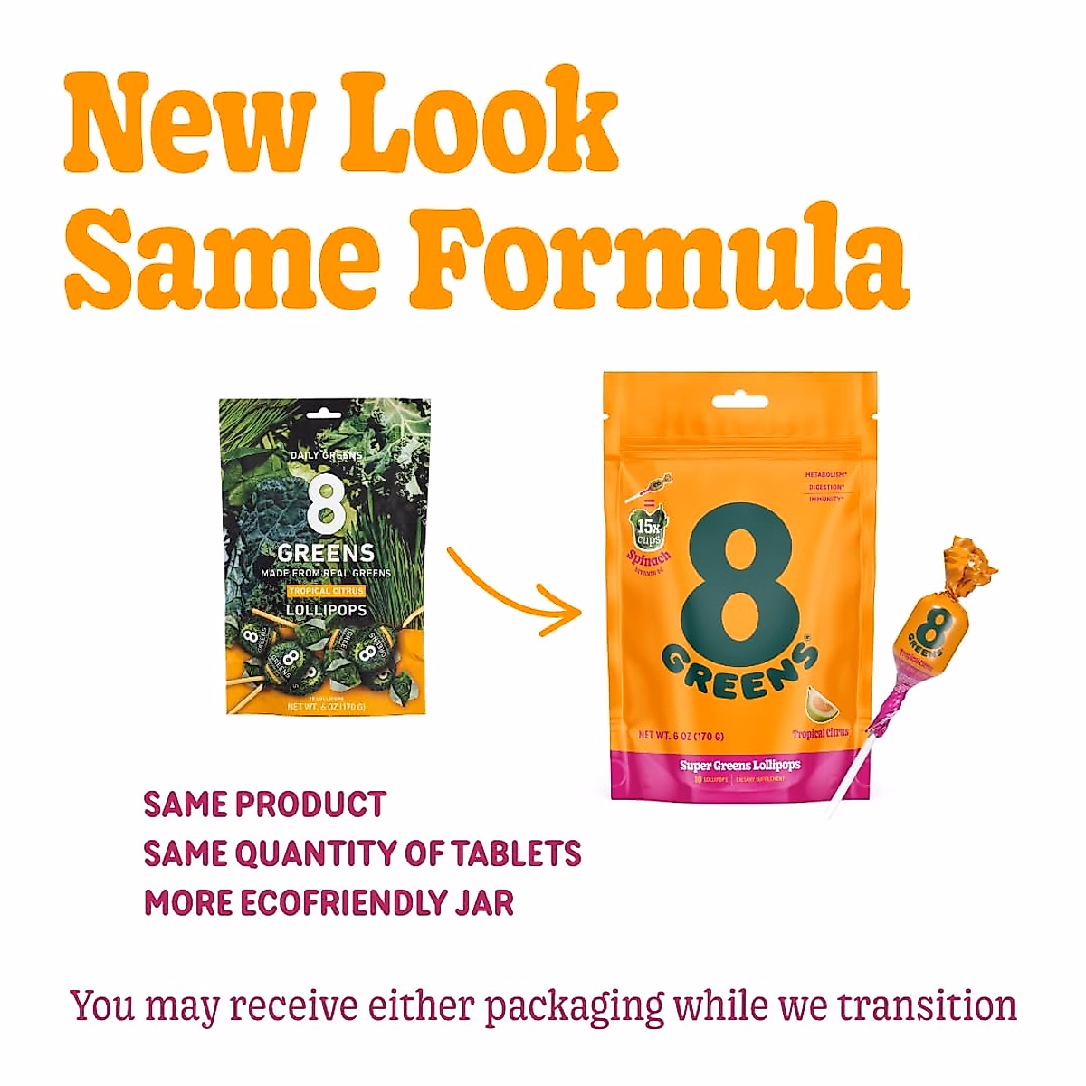 8Greens Daily Lollipops, Natural Tropical Citrus flavor with Real Super Greens, Greens Powder, Gluten-free, Vegan, Non-GMO (10 Count)