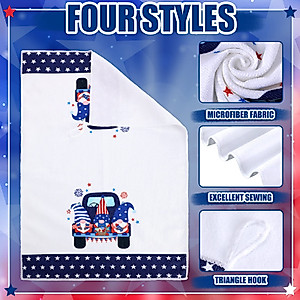 Geyoga 4 Pcs 4th of July Kitchen Dish Towel American Flag Hand Towel Patriotic Star Stripe Decorative Dishcloth White Blue Red Dish Towels for Memorial Independence Day (Bright Color,Gnome Truck)
