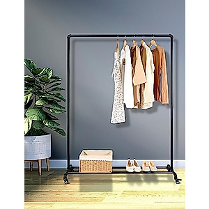OLDRAINBOW Industrial Pipe Clothing Rack,63in Dress Rack Clothes Rack,Vintage Clothing Racks on Wheels,Retail Rack Mobile Coat Rack Metal Garment Rack(Black)