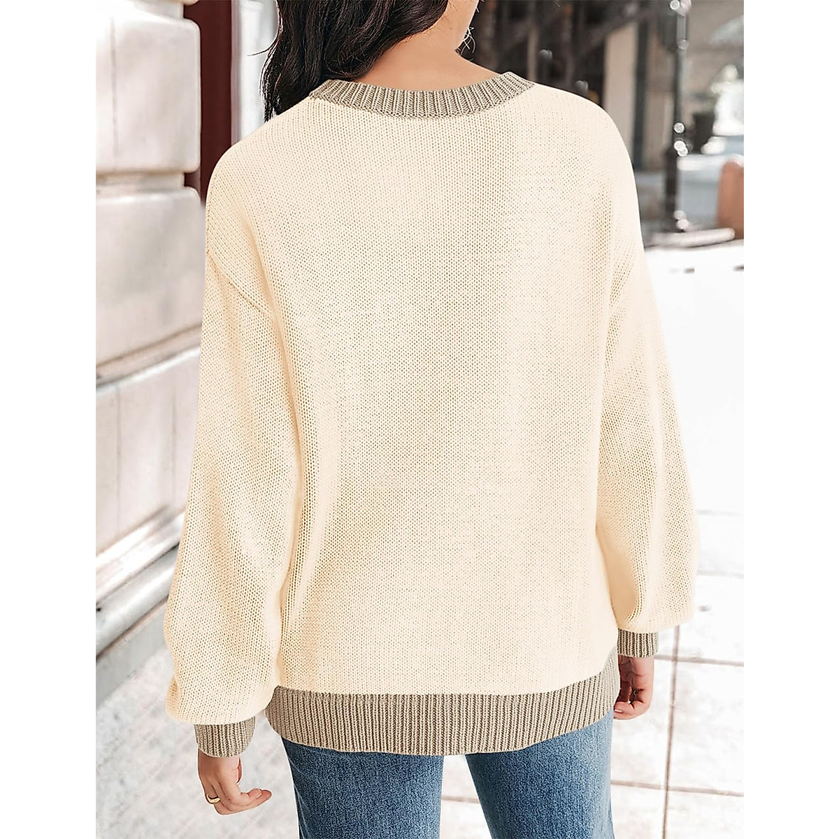 ZESICA Women's Casual Long Sleeve Crew Neck Pullover 2025 Spring Ribbed Knit Loose Contrast Color Sweater Tops,Apricot,Medium