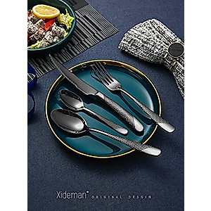 Xideman 16-Piece ​Modern Black Hammered Silverware Set with Ultra Sharp 2-IN-1 Serrated Knive, 18/10 Stainless Steel Flatware Set, Titanium ​Plated Cutlery Set Service for 4, Reusable, Dishwasher Safe
