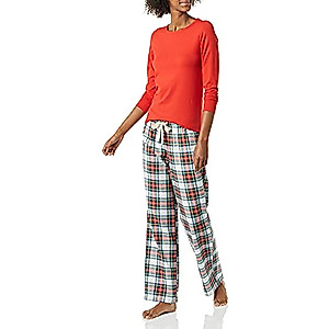 Amazon Essentials Women's Lightweight Flannel Pant and Long-Sleeve T-Shirt Sleep Set (Available in Plus Size), Red Tartan, Large
