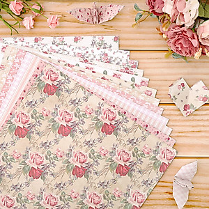Whaline 12 Designs Spring Pattern Paper Pack 24 Sheet Rose Floral Scrapbook Specialty Paper Pink Double-Sided Collection Decorative Craft Paper for Card Making Scrapbook Photo Album Decor, 30 x 30cm