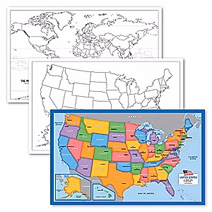 Palace Learning 3 Pack - USA & World Map Blank Outline Posters + Simplified USA Map for Kids [Blank] - LAMINATED, 18" x 29" (For Use With Wet Erase Markers)
