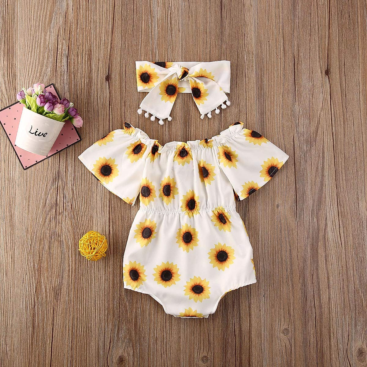 Kuriozud Baby Girl Sunflower Romper Newborn Infant Off Shoulder Bodysuit One Piece Summer Clothes (Sunflower White + Headband, 0-6 Months)