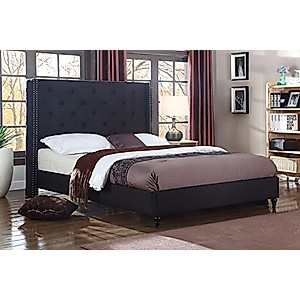 Life Home Premiere Classics Cloth Black Linen 51" Tall Headboard Platform Bed with Slats Queen - Complete Bed 5 Year Warranty Included (furBed00007_Cloth_Black_Queen)
