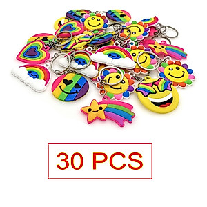 JZK 30 Pcs Rainbow keyrings set for kids, rubber smile face keychains for children birthday party favours, kids party bag fillers thankyou gift