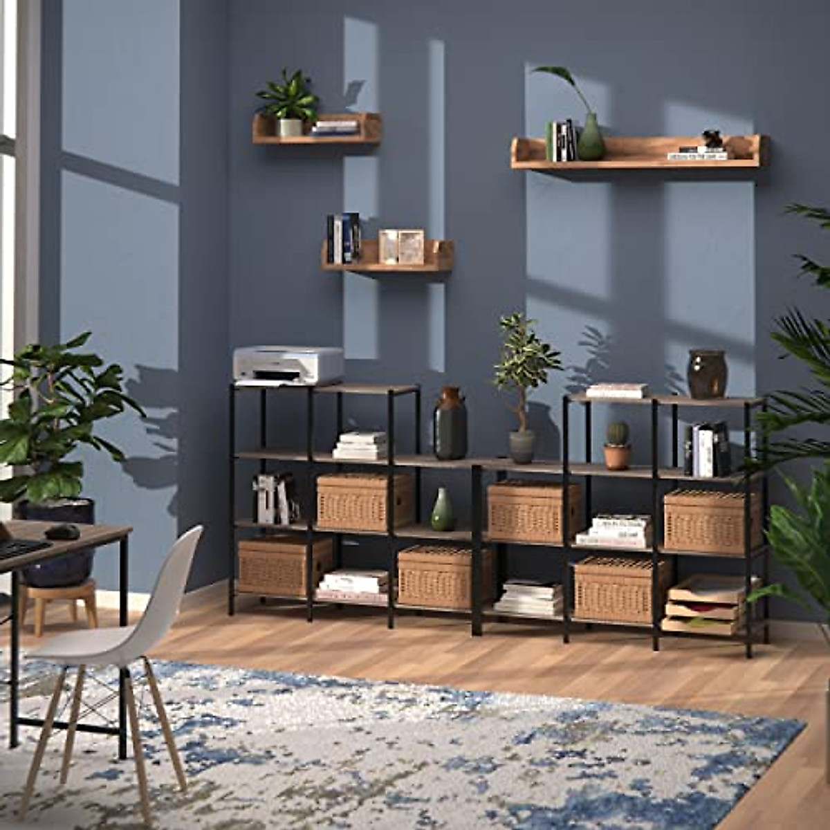 ClosetMaid Ladder Step Bookcase, 4 Tier, 5 Shelves, Display Shelf for Living Room or Office, Industrial Black Metal and Wood, Weathered Gray