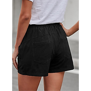 Dokotoo Womens Ladies Beach Casual Solid Drawstring Elastic Waist Loose Comfy Cotton Linen Shorts with Pocket Linen Shorts Pants Black X-Large
