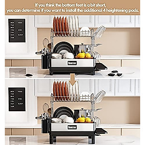 romision Dish Rack and Drainboard Set, 304 Stainless Steel 2 Tier Large Dish Drying Rack with Swivel Spout, Dish Strainer for Kitchen Counter with Utensil Holder, Cup Rack, Water Tray