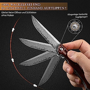 Omesio Damascus Folding Pocket Knife with Leather Sheath, Handcrafted 5-Inch Damascus Steel Hunting Knife with Vg10 Core, Wooden Handle, EDC Japanese Knife with Liner Lock for Outdoor Survival Camping