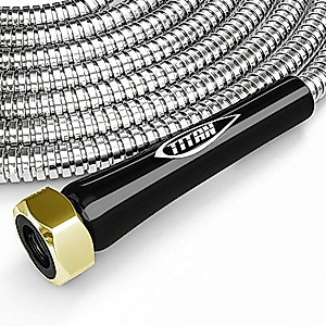 TITAN 100FT Metal Garden Hose - Flexible Water Hose with Solid 3/4" Brass Connectors 360 Degree Brass Jet Sprayer Nozzle - Lightweight Kink Free Strong and Durable Heavy Duty 304 Stainless Steel