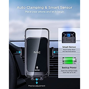 HTC Wireless Car Charger & Car Phone Holder 2 in 1, 15W Auto Clamping Cradle Qi Fast Charging Car Air Vent Phone Mount Compatible with iPhone 13/13 Pro/12 Pro Max, Samsung Galaxy S22 S20 10+ S9+S8