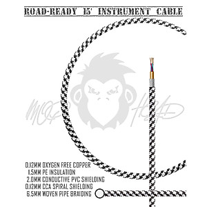 Mophead 15-Foot Guitar Instrument Cable - 1/4 Inch TS to 1/4 Inch TS Right Angle Pro Grade Double Insulated Tweed Braided for Electric Guitar, Bass, Amp, Keyboard (Black and White)