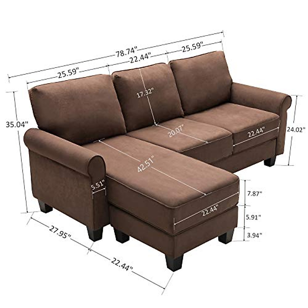 Nolany Reversible Sectional Sofa Couch for Small Apartment L Shape Sofa Couch 3-seat Sectional Corner Couch (Mahogany Brown)