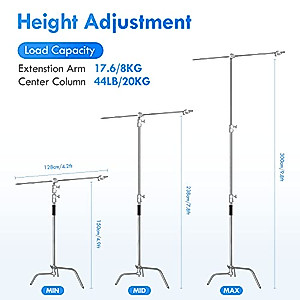 EMART Photography C Stand with Boom Arm, 10ft/300cm Adjustable Heavy Duty Light Cstand with 4.2ft/128cm Holding Arm, 2 Pieces Grip Head for Video Reflector, Moonlight, Softbox
