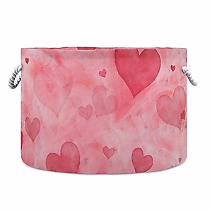 ALAZA Large Storage Basket for Toys Valentine's Day Red Heart Round Blanket Basket Laundry Hamper Canvas Organizer Bin Box Cotton Rope Collapsible Bucket Pillow Home Decor