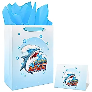 13" Large Shark Gift Bag for Boys Kids Birthday Baby Shower with Tissue Paper and Greeting Card