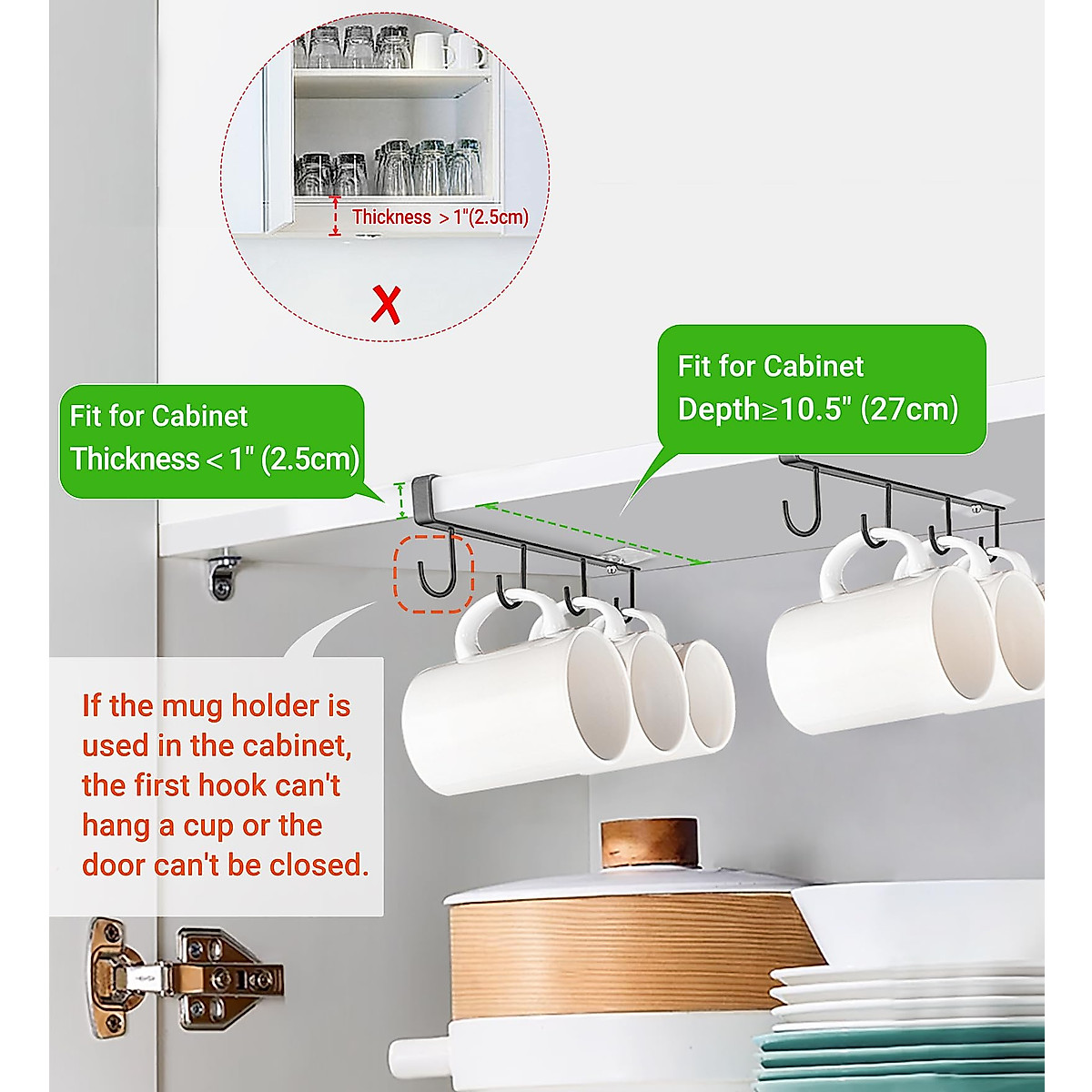 Dahey Under Cabinet Mug Holder Set of 3 Metal Coffee Mug Rack with 12 Mug Hooks, Adhesive Display Cup Holder Organizer for Cabinet Shelf Kitchen Dining Room Coffee Bar, Black