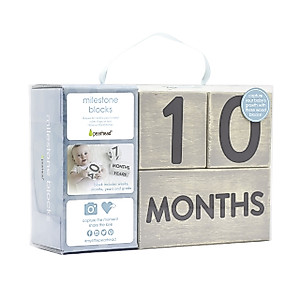 Pearhead Wooden Milestone Age Blocks, Gender-Neutral Baby Accessory for Photo Sharing, Weekly, Monthly, Year and Grade Growth Markers, Distressed Gray