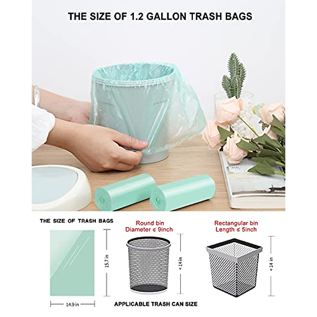1.2 Gallon Small Trash Bags Garbage Bags, AYOTEE Mini Compostable Strong Bathroom Wastebasket Can Liners trash Bags for Home Office Kitchen fit 5 Liter 5L,1 Gal,Green