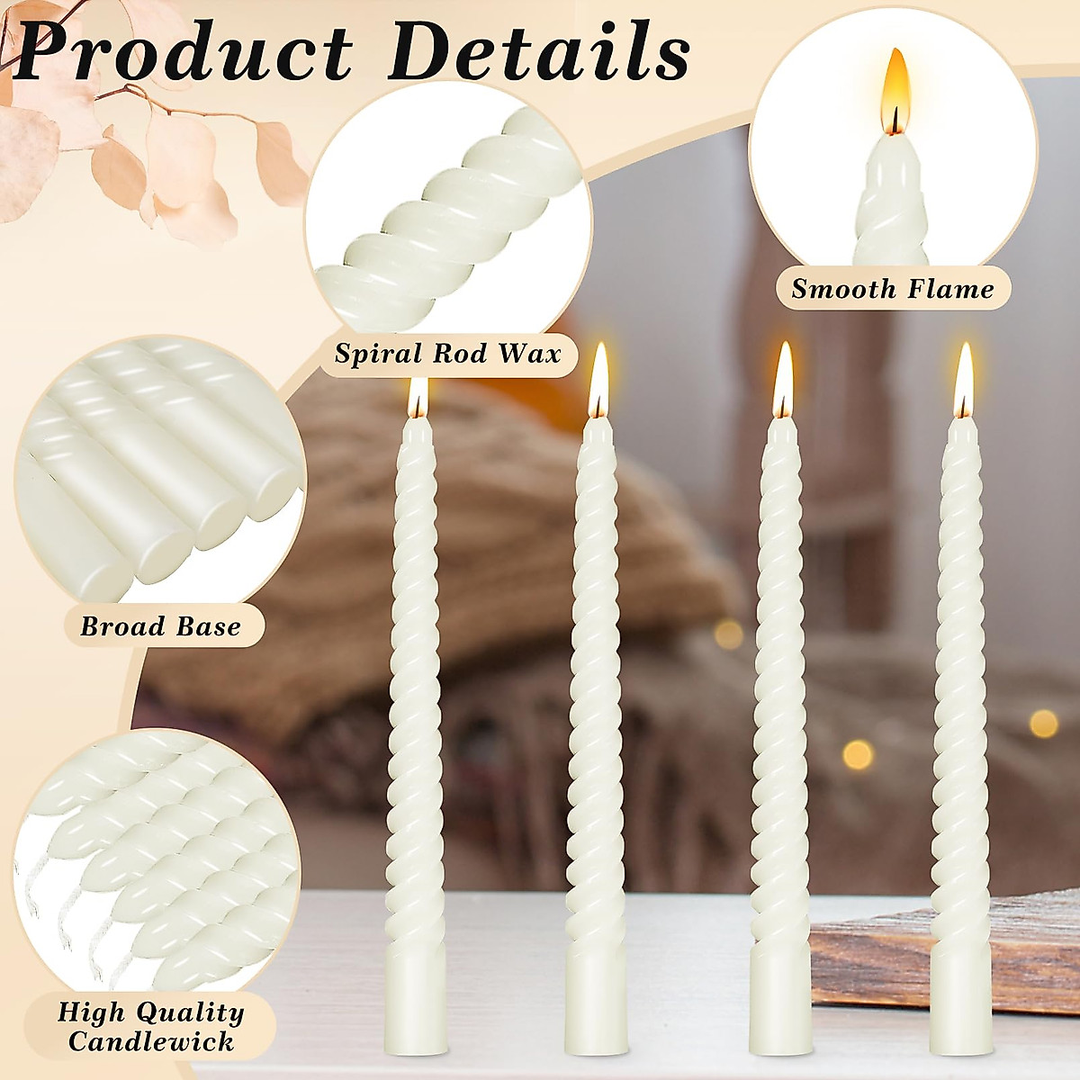 Dyrfolm 16 PCS Spiral Taper Candles,White Spiral Candle,10 Inch Twisted Taper Candles,Unscented Twisted Candlesticks,Dripless Long Candle Sticks for Wedding,Party,Dinner and Home Decoration