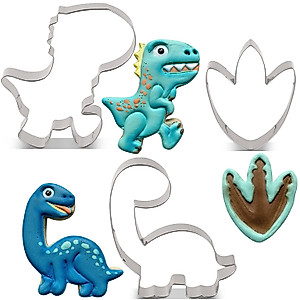 LILIAO Cute Dinosaur Cookie Cutter Set - 3 Piece - T-rex, Brontosaurus and Dinosaur Foot Biscuit Fondant Cutters - Stainless Steel