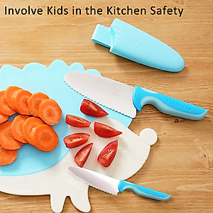 Kibbidea 4 Pcs kids knife set for real cooking, Kids First Cutting Knife Set, Round Tip Kids Friendly Kitchen Knife, BPA-free Stainless Steel Kids Chef Knife to Learn to Cook (Blue)