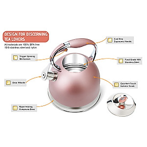 Tea Kettle - HIHUOS Whistling Tea Pots for Stove Top - Sleek 18/8 Stainless Steel Stovetop Kettle, Easy-grip Handle With Trigger Opening Mechanism, 1 Free Silicone Pinch Mitt Included (Pink 2.64QT)