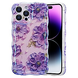 EYZUTAK Case for iPhone 13 Pro Max, Colorful Retro Oil Painting Printed Flower Laser Glossy Pattern Cute Curly Wave Edge Exquisite Phone Cover Stylish Durable TPU Protective Case for Girl Women-Purple