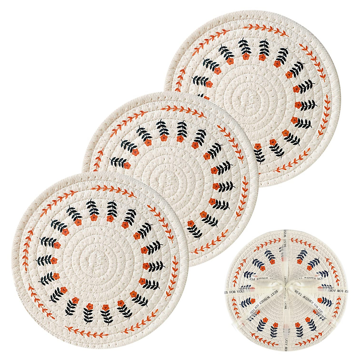 YONOVO Thanksgiving 9.5" Cotton Trivets Set, 3Pcs Pot Holders Woven Large Hot Pads Mats Thick Heat Resistant for Hot Pots and Pans Round Hot Plate Holder Washable Potholders Kitchen Farmhouse