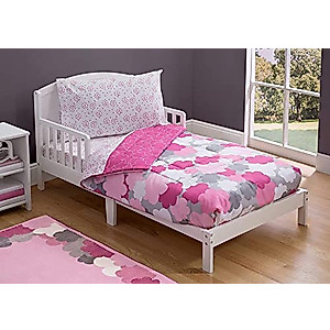 Delta Children 4 Piece Toddler Bedding Set for Girls - Reversible 2-in-1 Comforter - Includes Fitted Comforter to Keep Little Ones Snug, Bottom Sheet, Top Sheet, Pillow Case - Pink Clouds