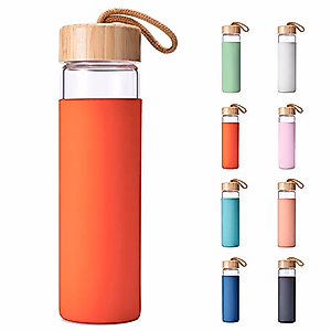 Yomious 20 Oz Borosilicate Glass Water Bottle with Bamboo Lid and Silicone Sleeve – Reusable BPA Free – Glass Drinking Bottle with Lids - Cute Glass Bottle for Women - Glass Shaker Bottle