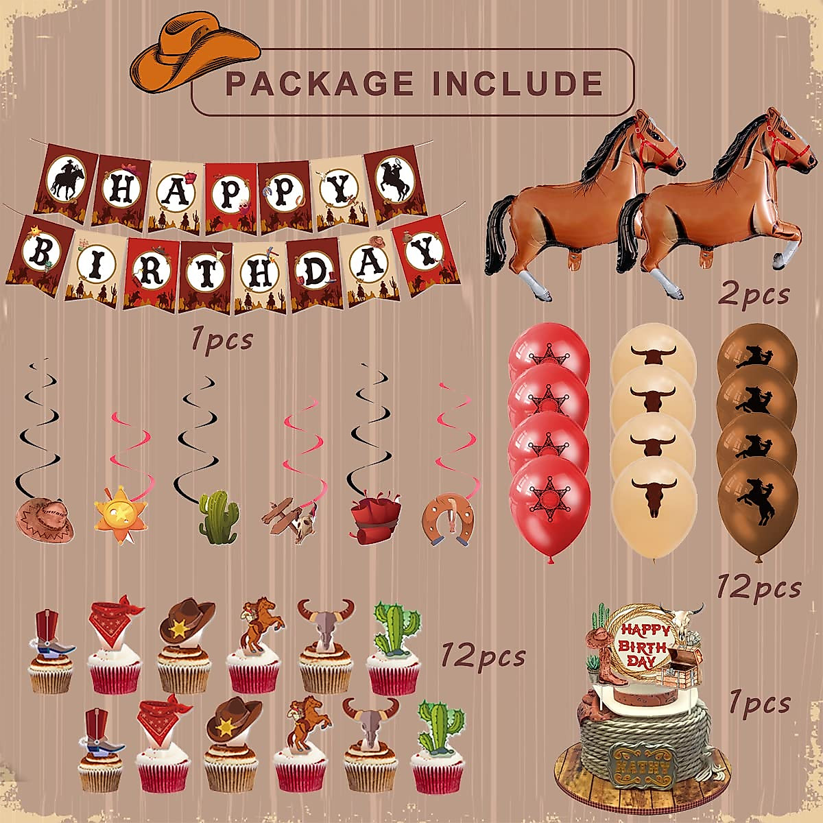 Cowboy Party Decorations Set - Western Birthday Party Decorations Country Rodeo Party Favor Horse Balloons Birthday Banner Cupcake Toppers Hanging Swirls
