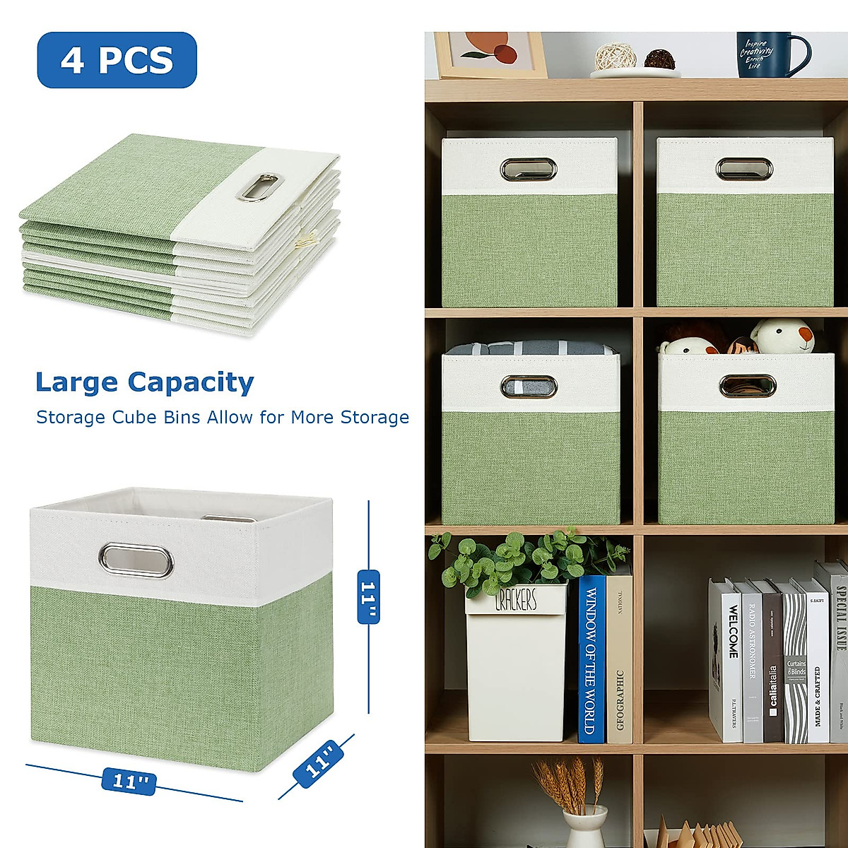Temary Fabric Storage Cubes 11x11 Cube Storage Bins with Handles, 4 Pack Canvas Cube Storage Boxes Green Baskets for Organizing Closet, Foldable Cloth Baskets for Shelves (White&Green)