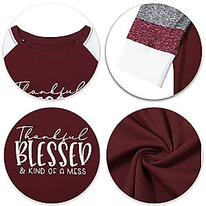 Thankful Blessed and Kind of a Mess Shirt Women Blessed Tshirt Color Block Splicing Top Thanksgiving Long Sleeve Shirt Red