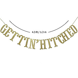 Gettin' Hitched Gold Gliter Banner, Fun Engagement, Bachelorette Party Decorations (Gold)