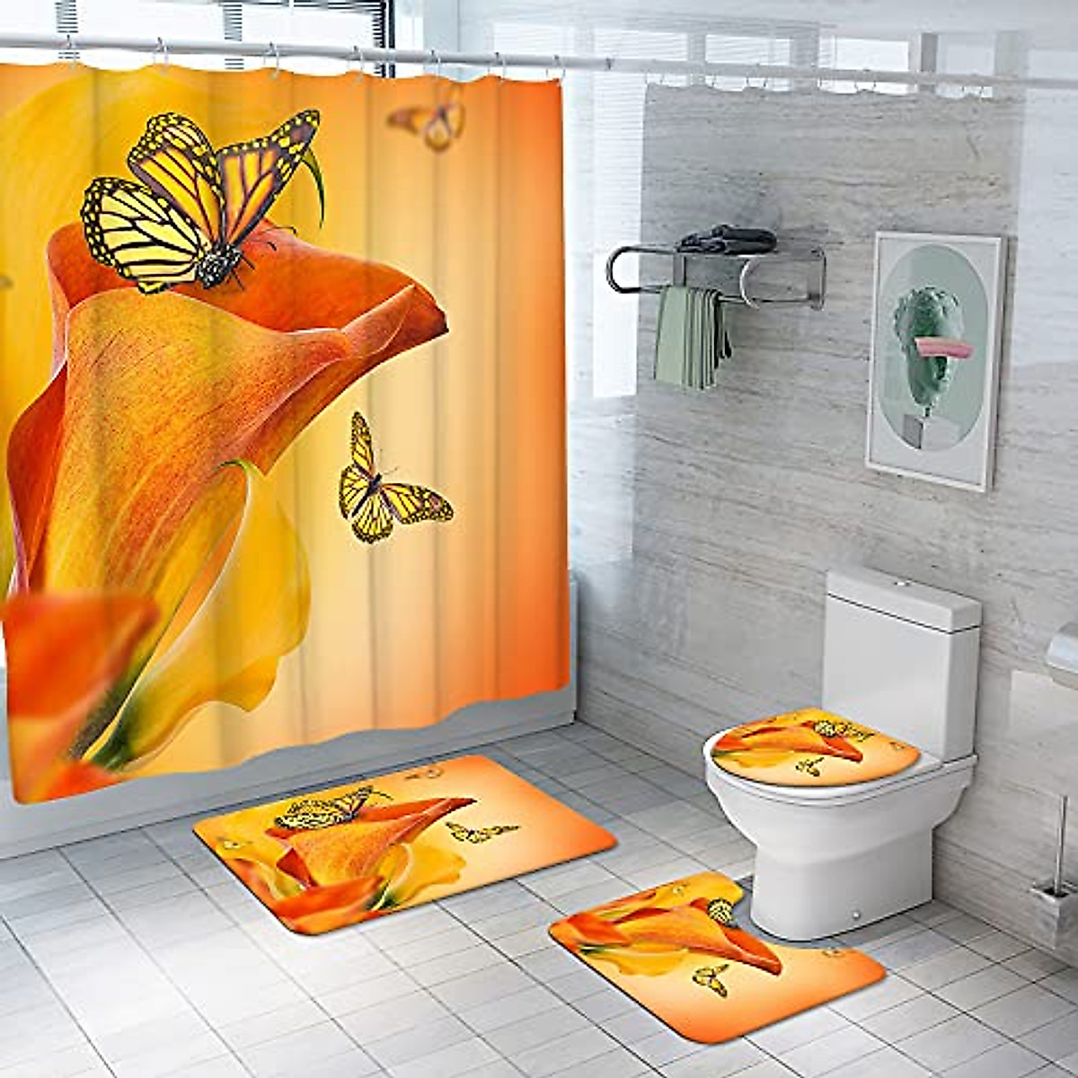 LyerArtork 4 Pieces Calla Lily and Butterfly Shower Curtain Set with Non-Slip Rug Toilet Lid Cover and Bath Mat Orange Valentines Day Bathroom Decor with Hooks Spring Flower Floral Bathtub Curtain