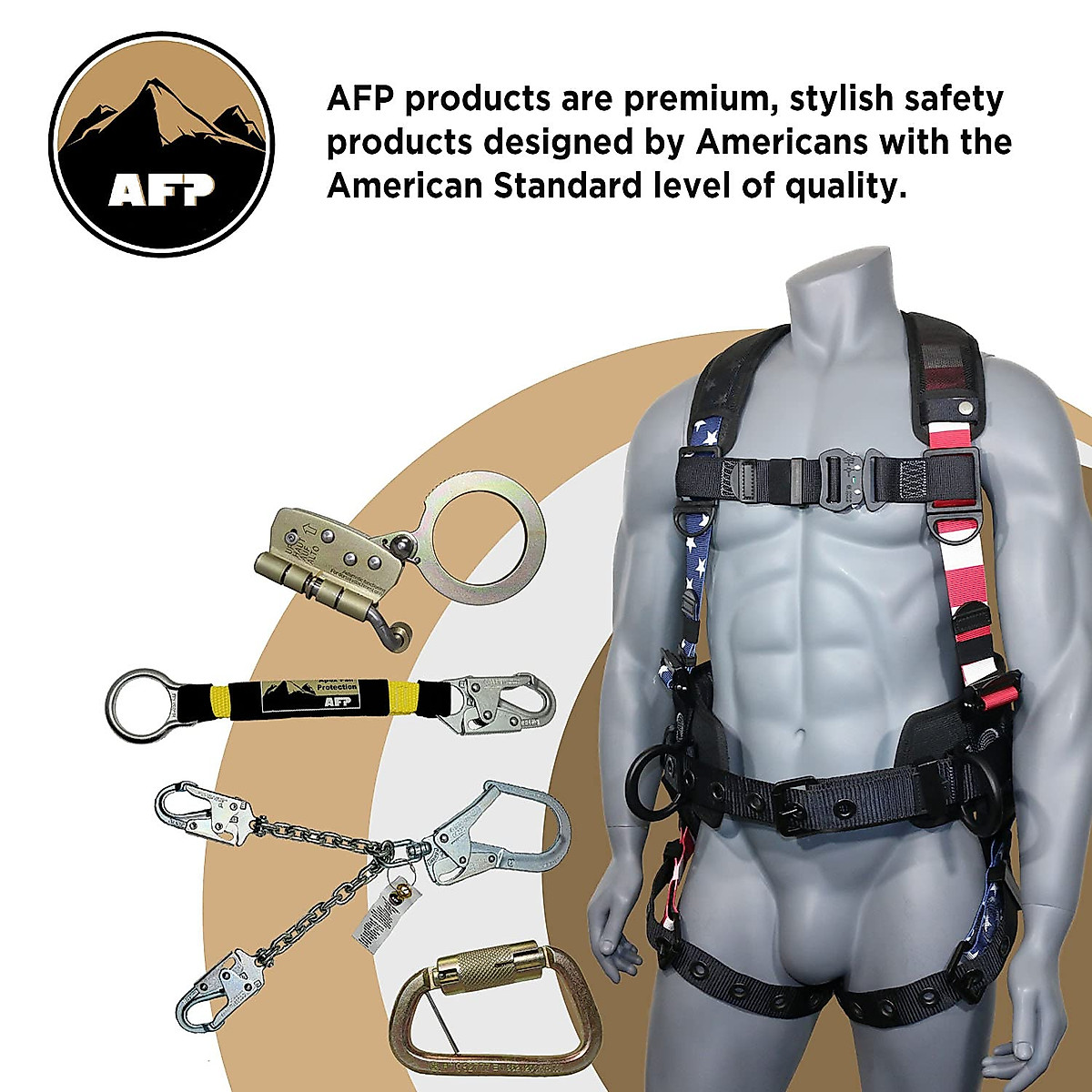 AFP Fall Protection Full-Body Premium American Flag Safety Harness, Vented & Padded Shoulder, Legs & Back, 8” Thick Back Support Belt, Aluminum D-Rings, Tongue Buckle, Quick Release (OSHA/ANSI PPE)