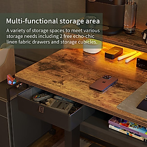 FEZIBO L Shaped Standing Desk with LED Strip & 2 Drawers, Triple Motors Supports 330 lbs, Upper and Lower Storage Shelves Available, Electric Height Adjustable, for Home Office, Rustic Brown