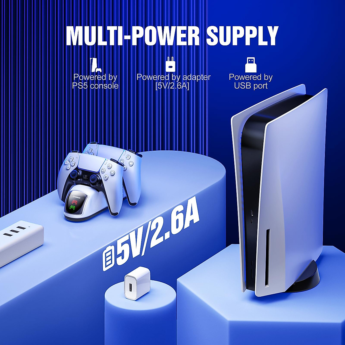 Fachixy PS5 Controller Charging Station with Fast Charging Cord PS5 Controller Charger Station Dual Charging Dock for PlayStation 5 Remote Controller Accessories with LED Lights White Black