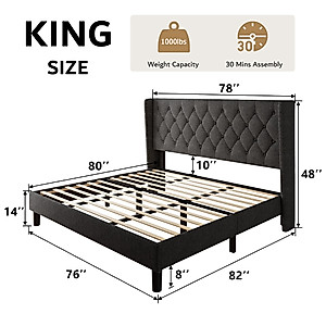 iPormis King Size Platform Bed Frame with Button Tufted Headboard, Upholstered Bed Frame with Solid Wooden Slats, 8" Underbed Space, No Box Spring Needed, Noise Free, Easy Assembly, Dark Gray