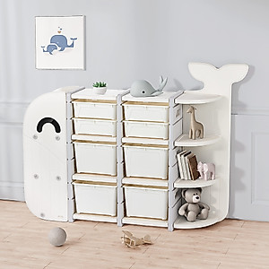 DUKE BABY Kids Large 4 Layer Toy Storage Organizer with 8 Pull-out Storage Bins, Display Bookshelves, Multipurpose Toy Cabinets for Kids Playrooms Bedrooms Age 1-12, Whale Collection White Grey