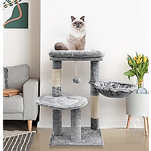 SYANDLVY Small Cat Tree for Indoor Cats, Modern Cat Tower with Scratching Post for Kittens, Climbing Stand with Basket & Hanging Ball for Play Rest