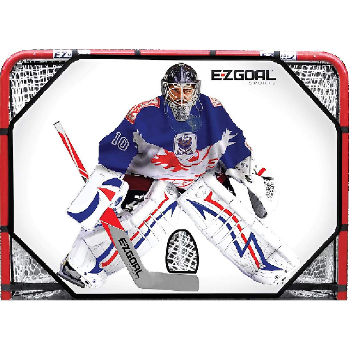 EZGoal 4' x 6' Hockey Folding Steel 2" Goal with 10' x 6' Backstop, 4 Targets Nets, a New Shooter Tutor and Wheels to Help Move The Goal, Red, (67099)