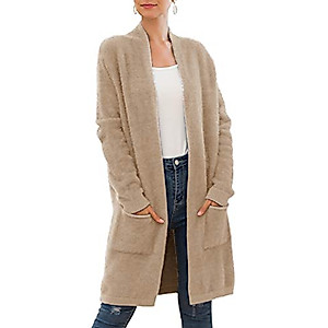 QIXING 2022 Women's Casual Open Front Knit Cardigans Long Sleeve Plush Sweater Coat with Pockets Khaki-Medium