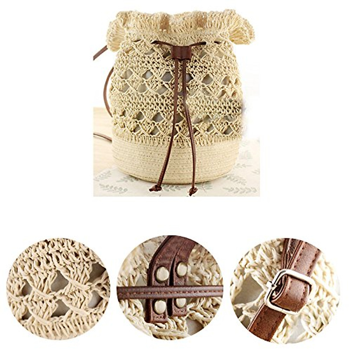 Abuyall Women Straw Bucket Bag Hobo Shoulder Handbag Drawstring Beach Tote Bag H…