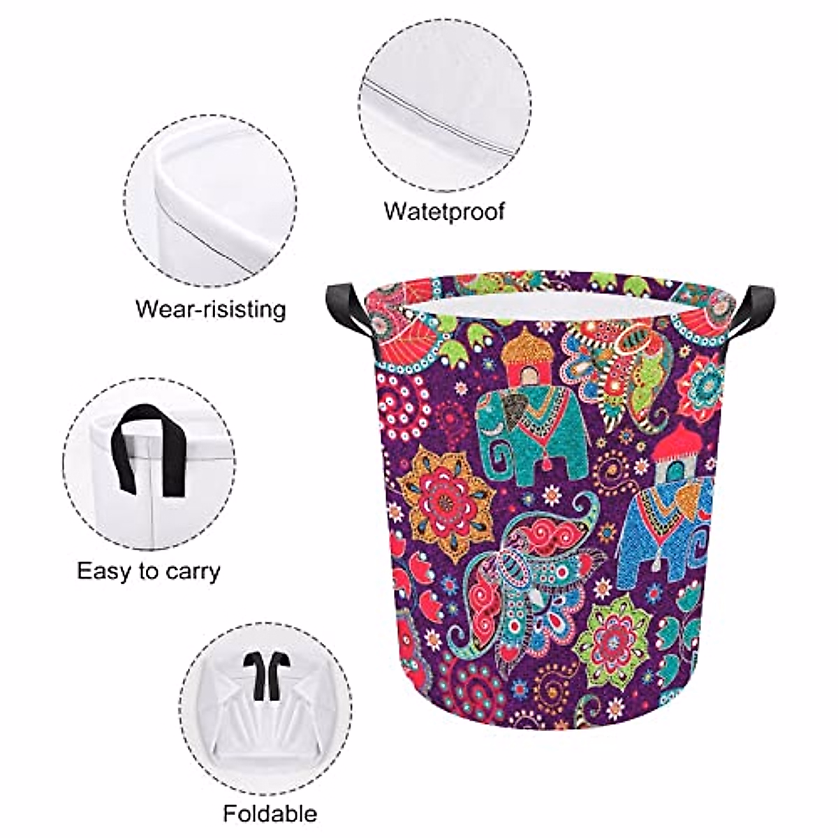 Colorful Flower Elephant Waterproof Laundry Baskets Bohemia Collapsible Laundry Hamper with Handles Large Round Toy Bin for Dirty Clothes,Kids Toys,Bedroom,Bathroom